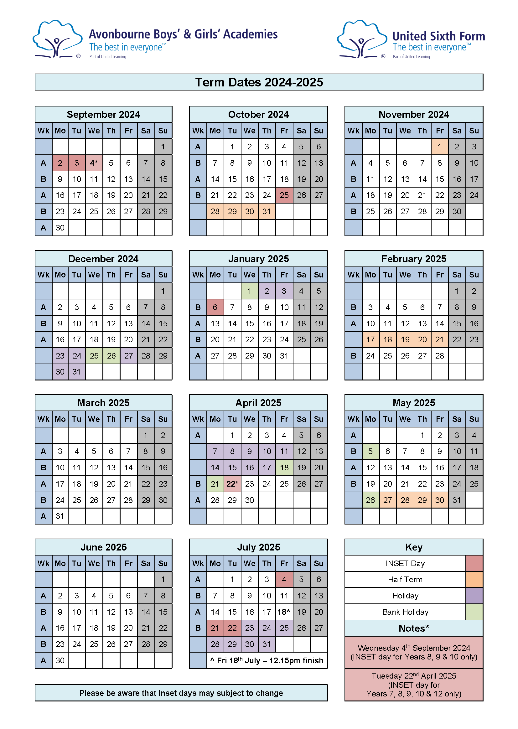 Term Dates | Students and Parents | Avonbourne Boys' Academy